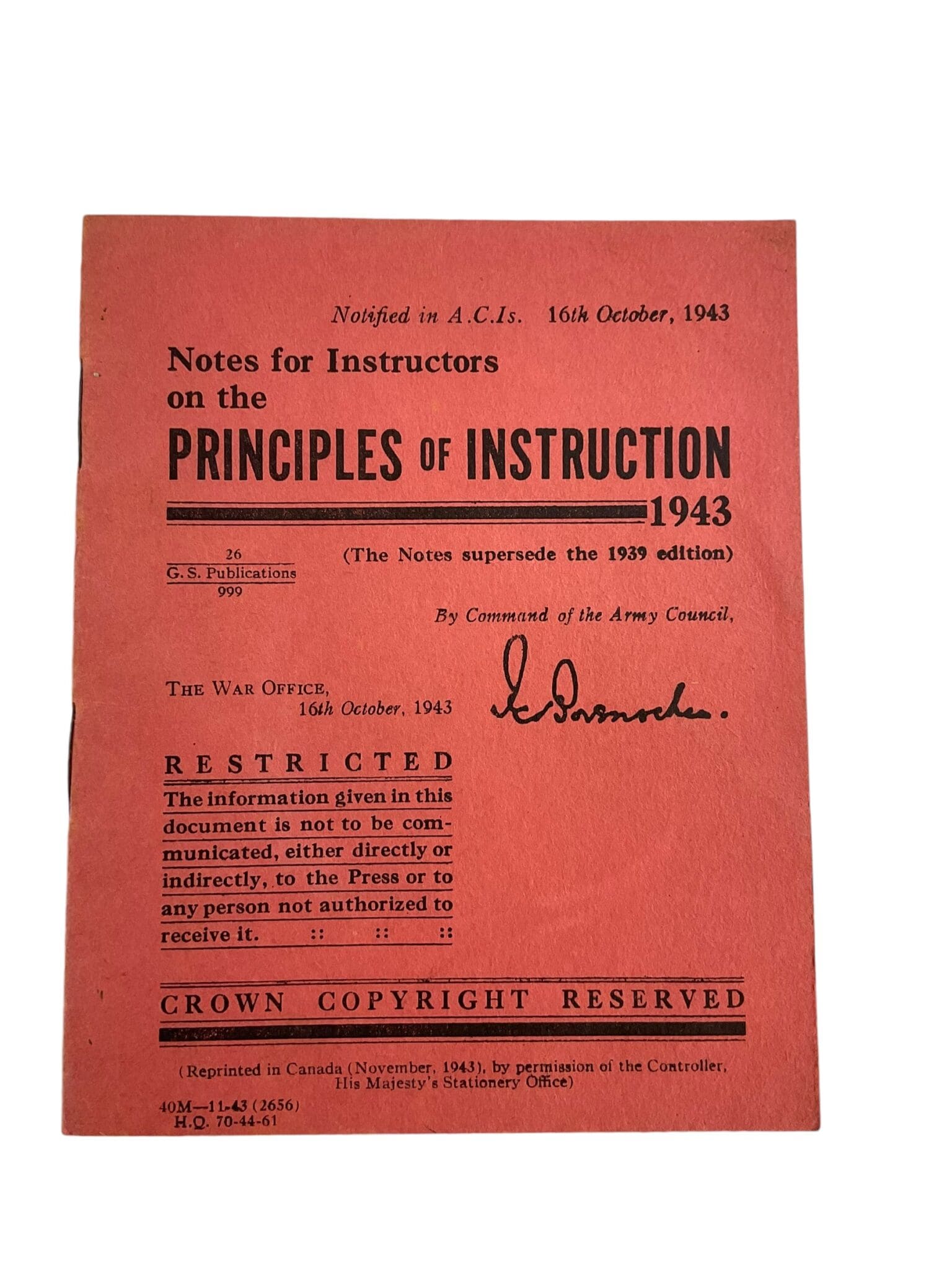 WW2 Canadian Army Principles Of Instruction 1943 Training Manual ...