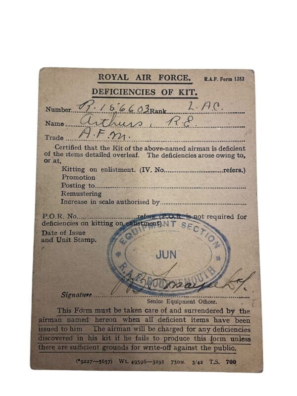 WW2 Canadian RCAF RAF Deficiencies of Kit Card - Military Antiques Toronto