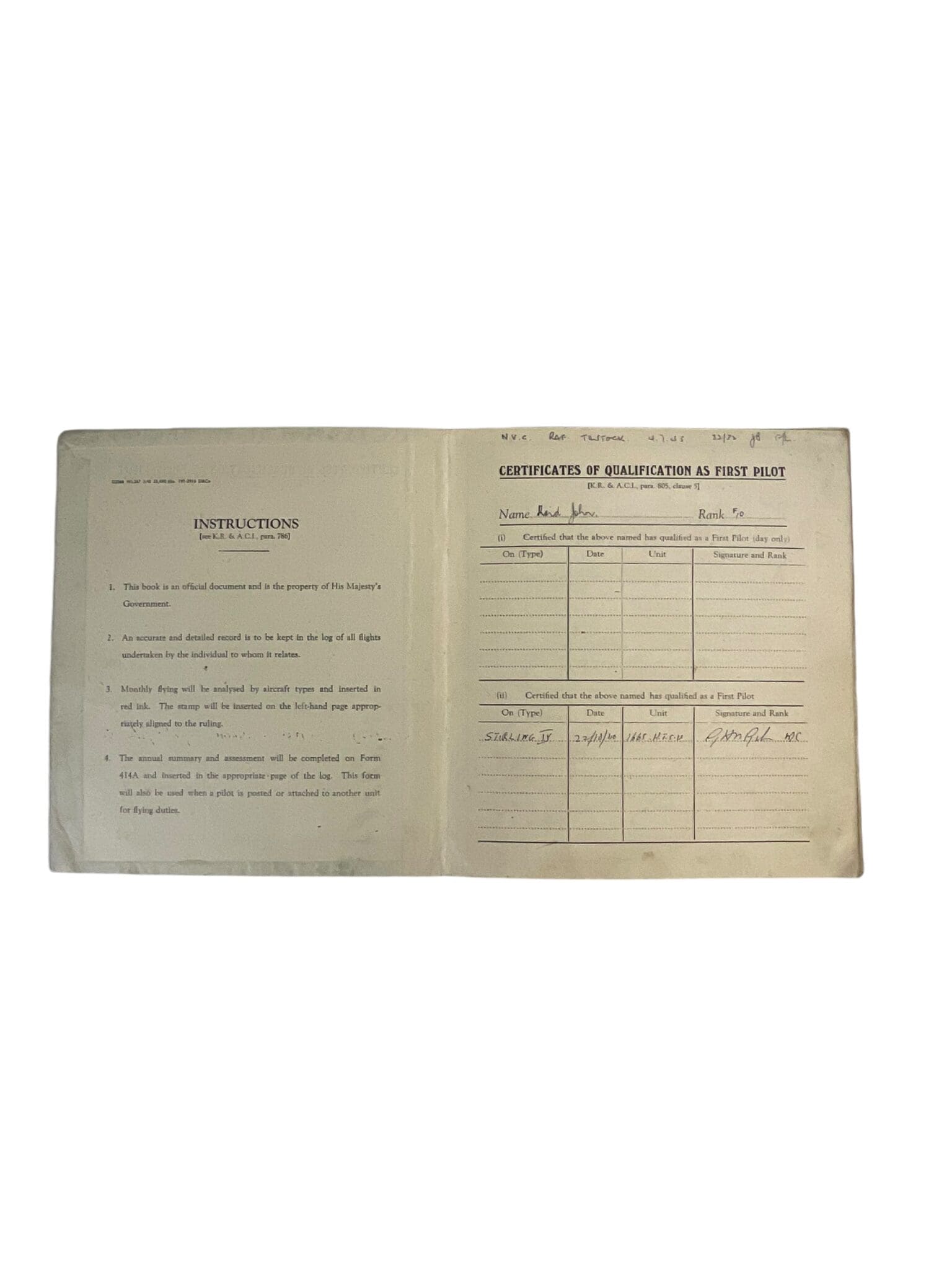 WW2 British RAF Hurricane Fighter Pilot Instructor 288 Squadron Log ...