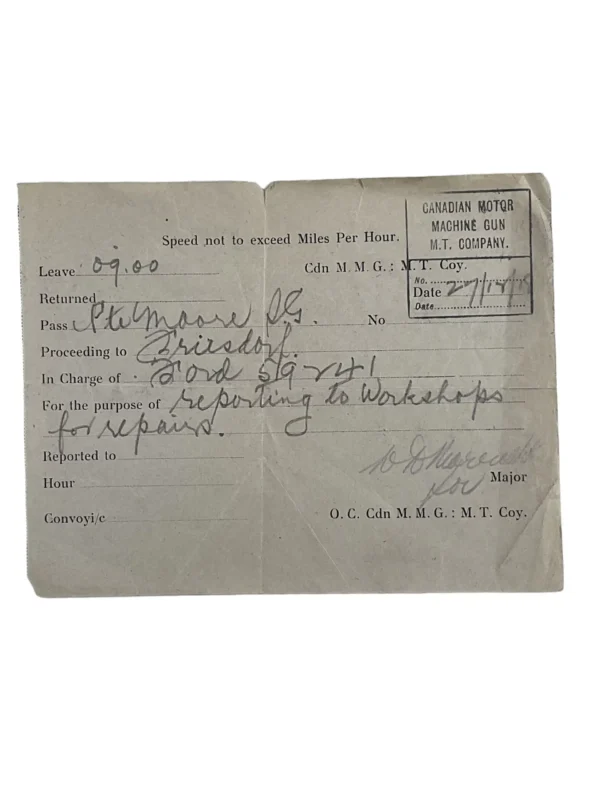 WW1 Canadian CEF Motor Machine Gun Company Pass Dated 1918 - Military ...